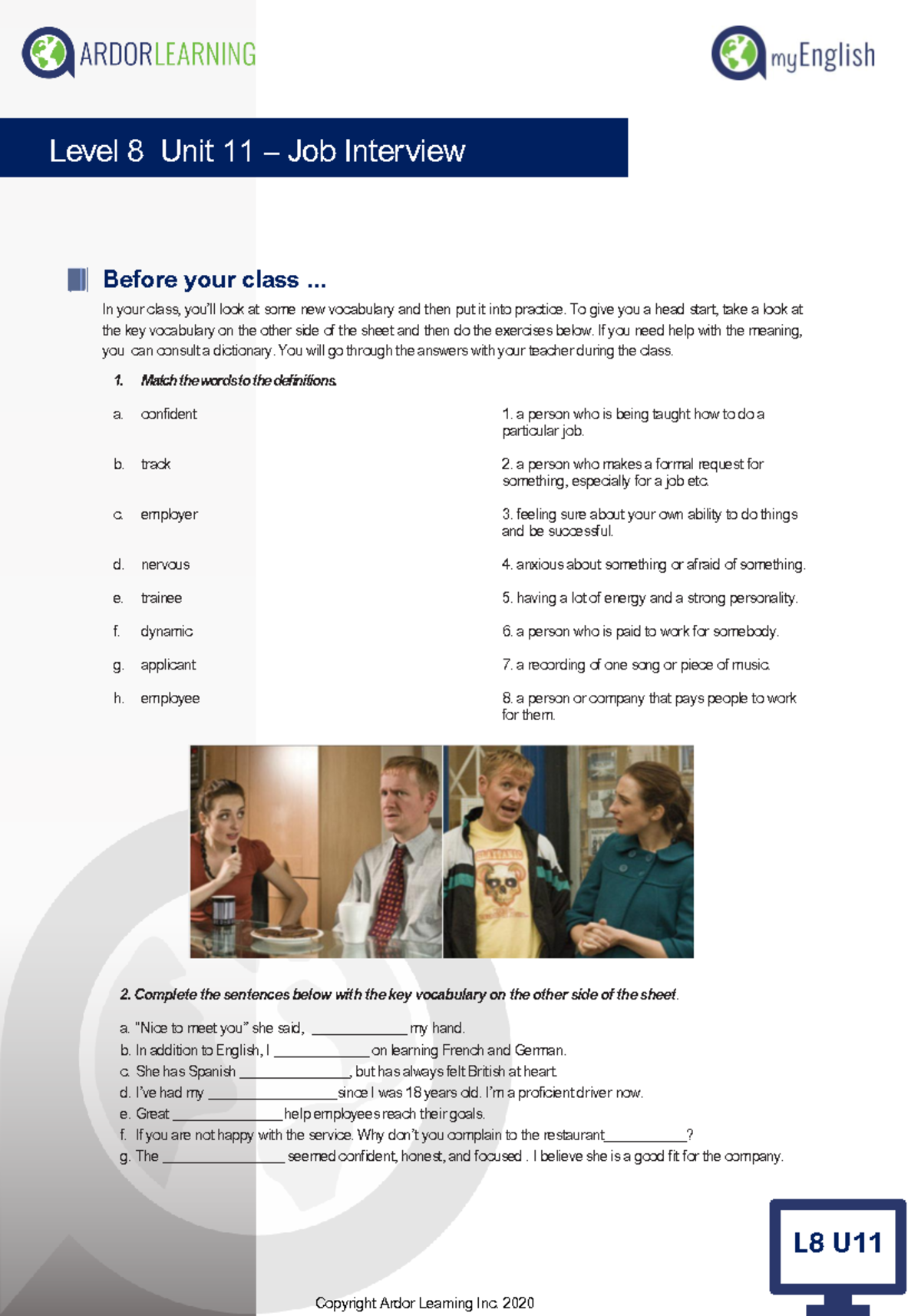 Level 8 U11 Job Interview Vocabulary Practice Sheet - Studeersnel