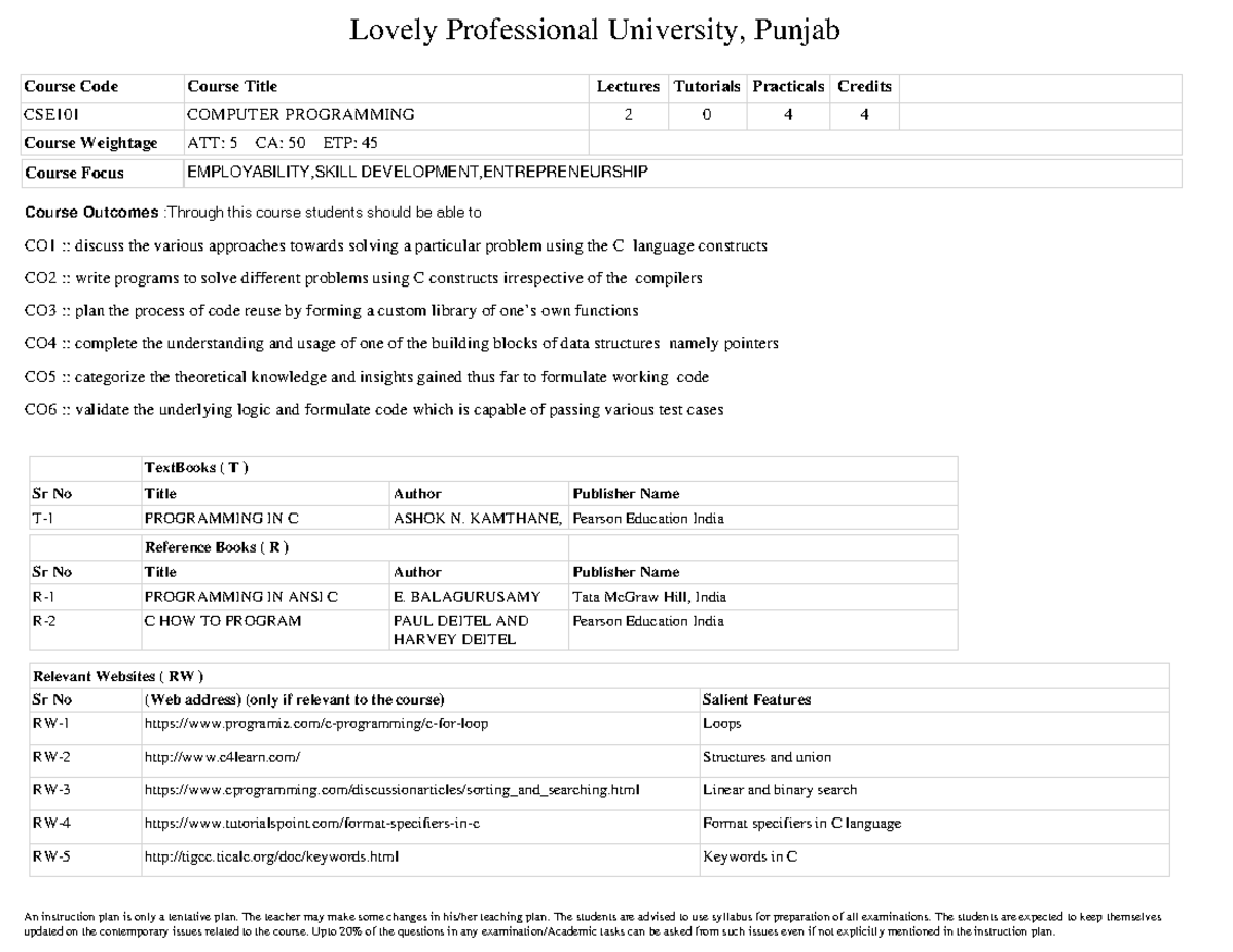 CSE101(IP) - Lovely Professional University, Punjab Course Code Course ...