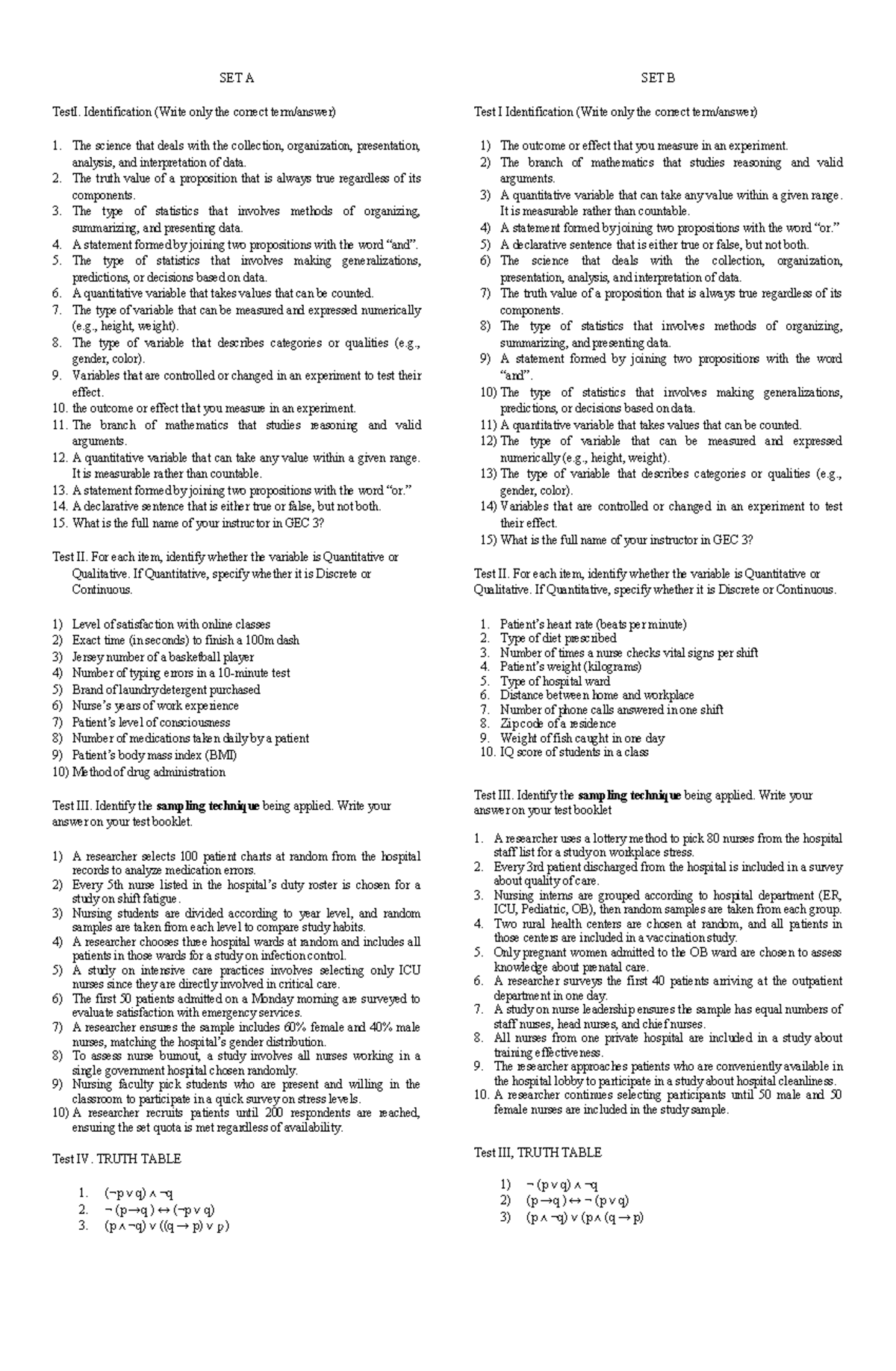 EXAM - SET A & B Test I Identification and Sampling Techniques - Studocu