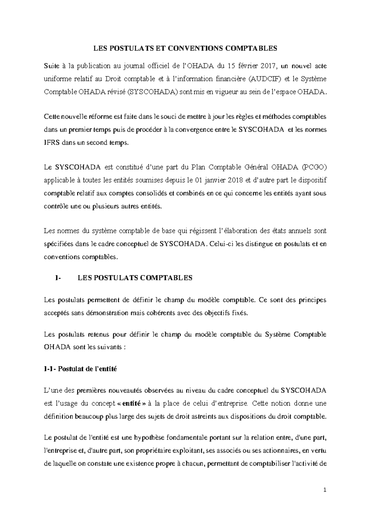 Postulats et Conventions Comptables selon SYSCOHADA : Une Analyse - Studocu