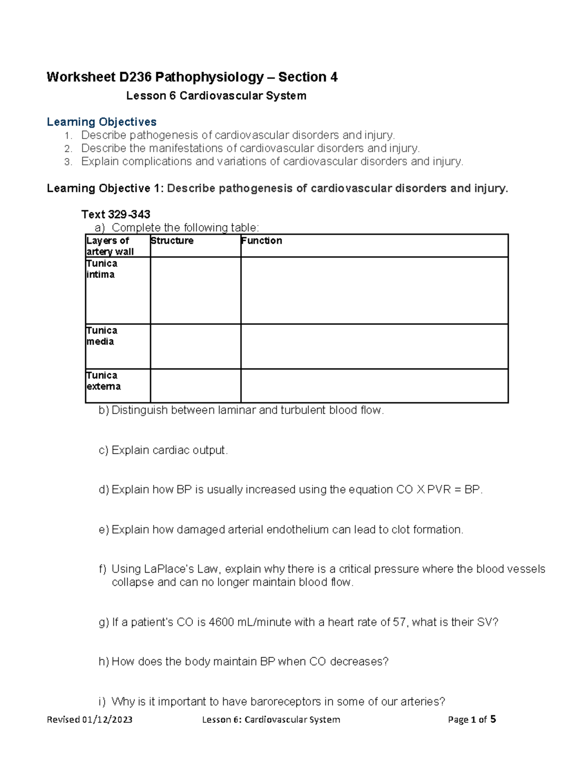 Lesson 6 Cardiovascular System - Worksheet D236 Pathophysiology ...