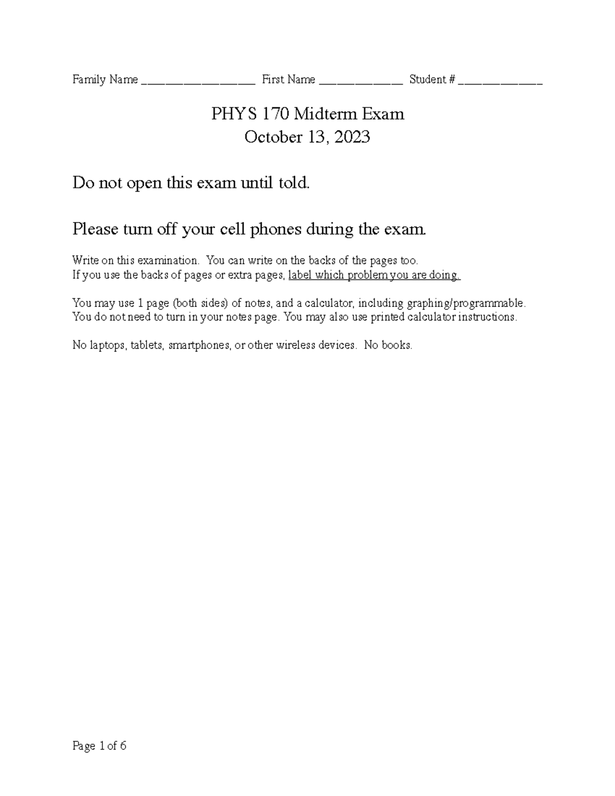 PHYS 170 Midterm Exam Guidelines and Problem Overview - Studocu