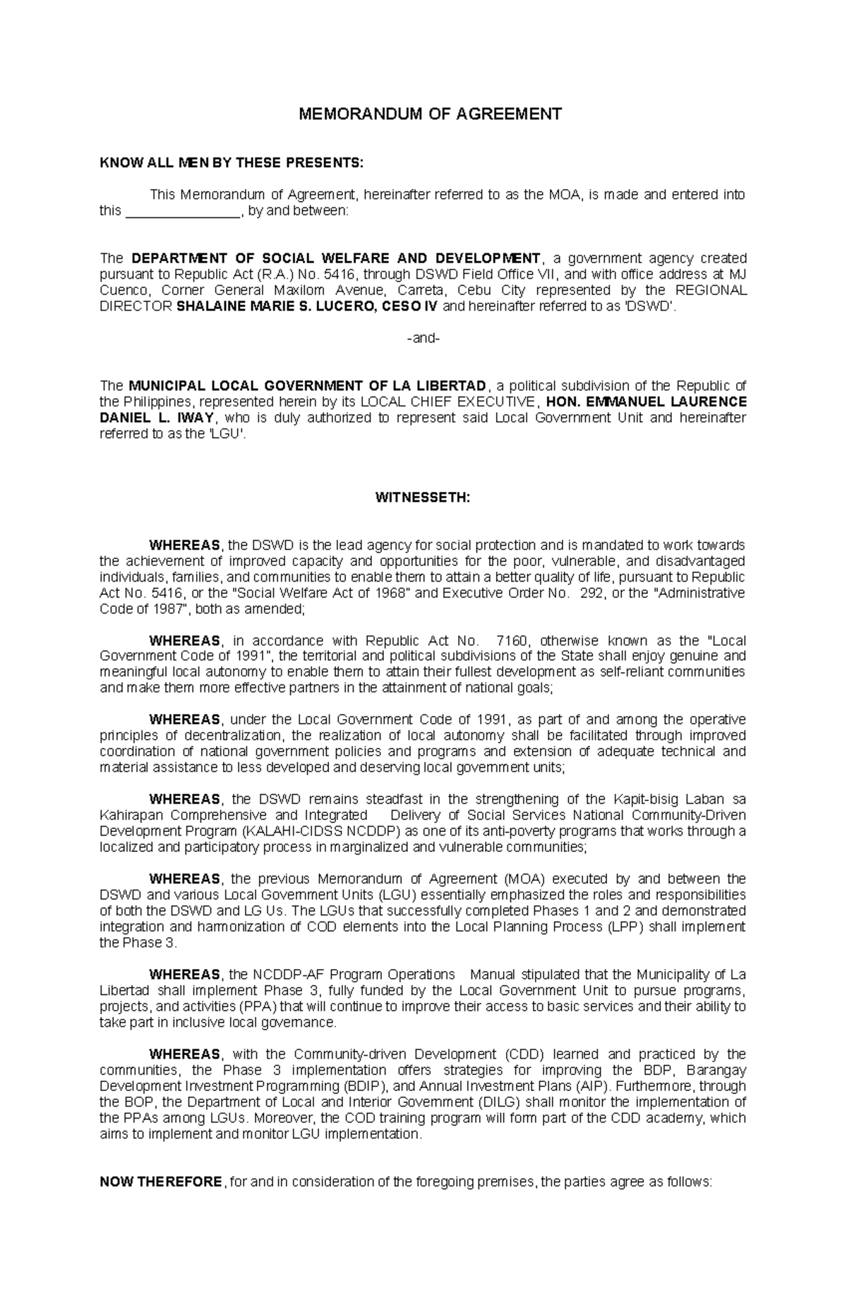 Phase 3 MOA Template for DSWD and La Libertad LGU Collaboration - Studocu