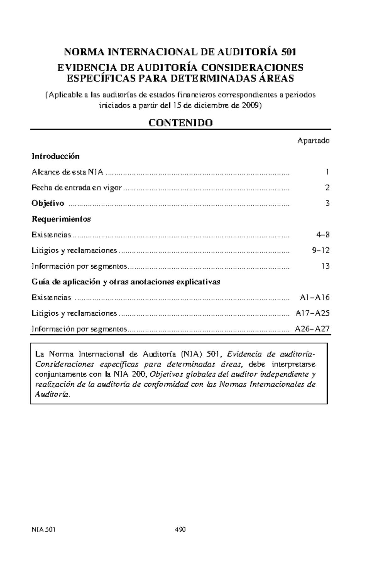 NIA 501 - Consideraciones de Evidencia de Auditoría Específica - Studocu