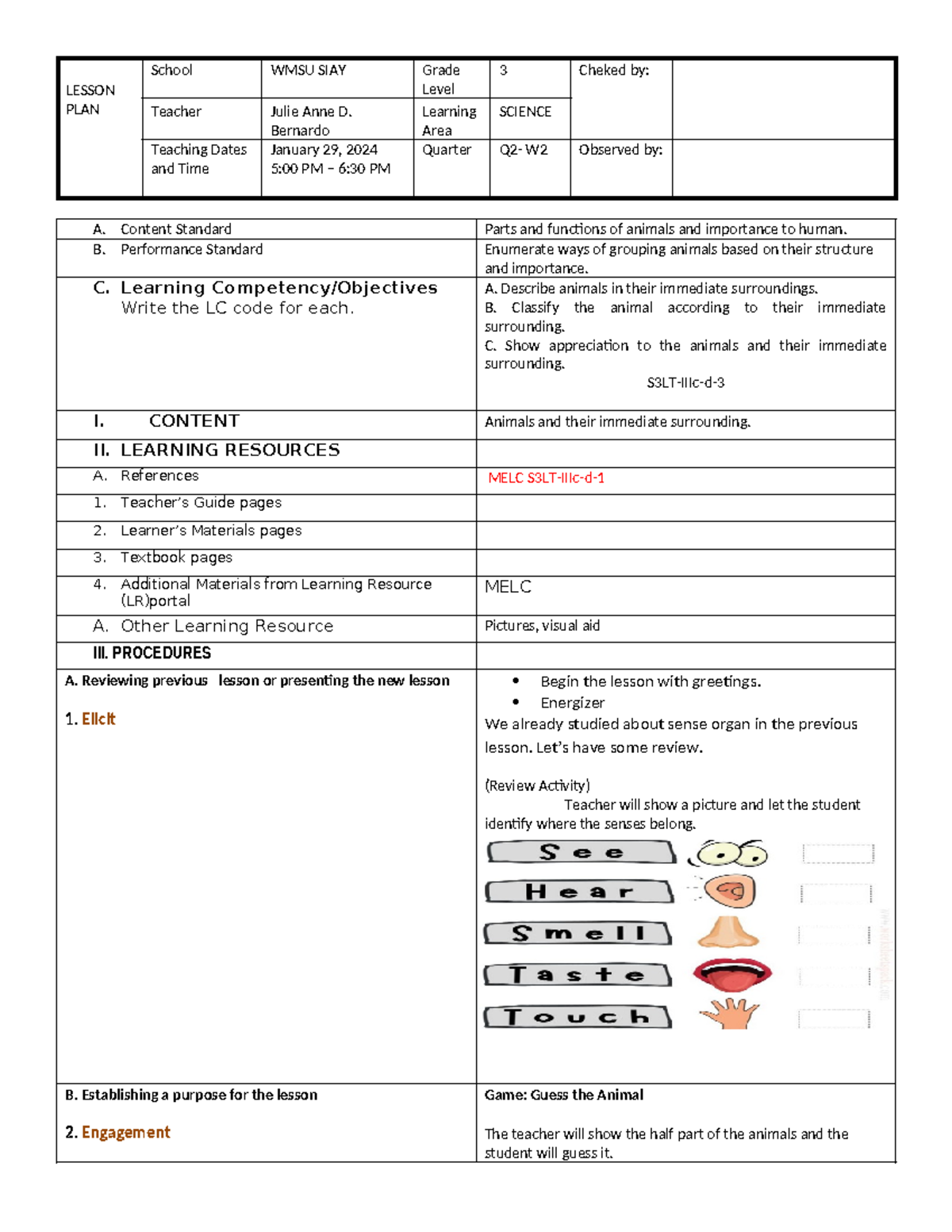 Lesson Plan: Exploring Animals and Their Surroundings (Grade 3, Q2-W2 ...