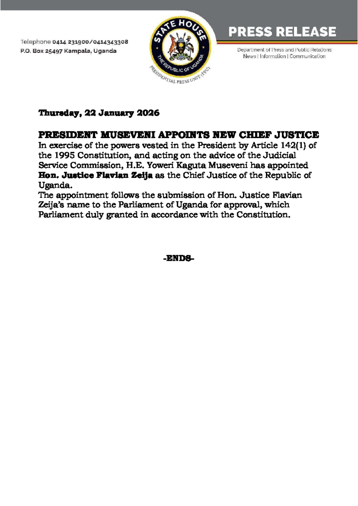 PPU Press Release - President Museveni Appoints NEW CJ - Thursday, 22 ...
