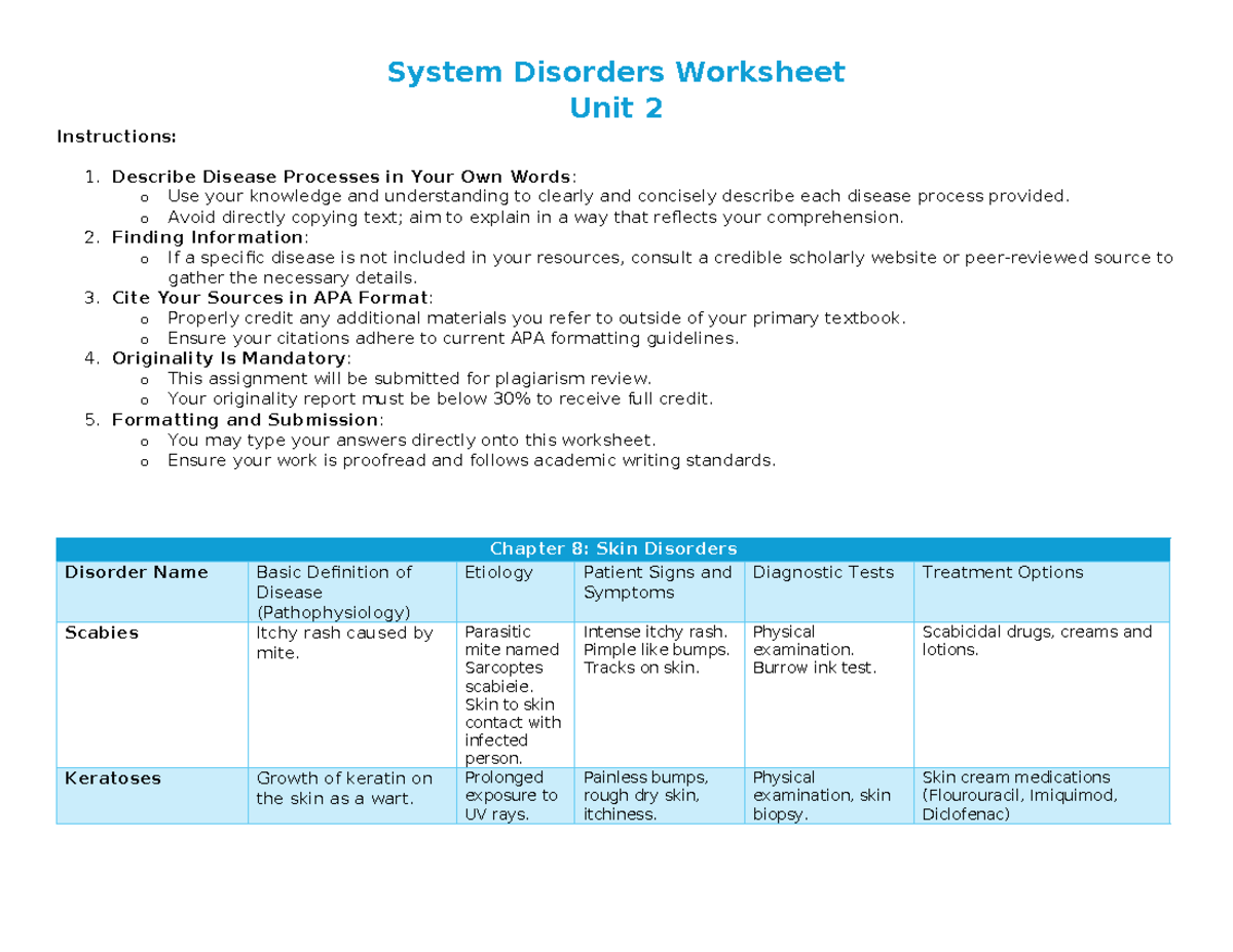 System Disorders Worksheet Week 2 WORD - System Disorders Worksheet ...