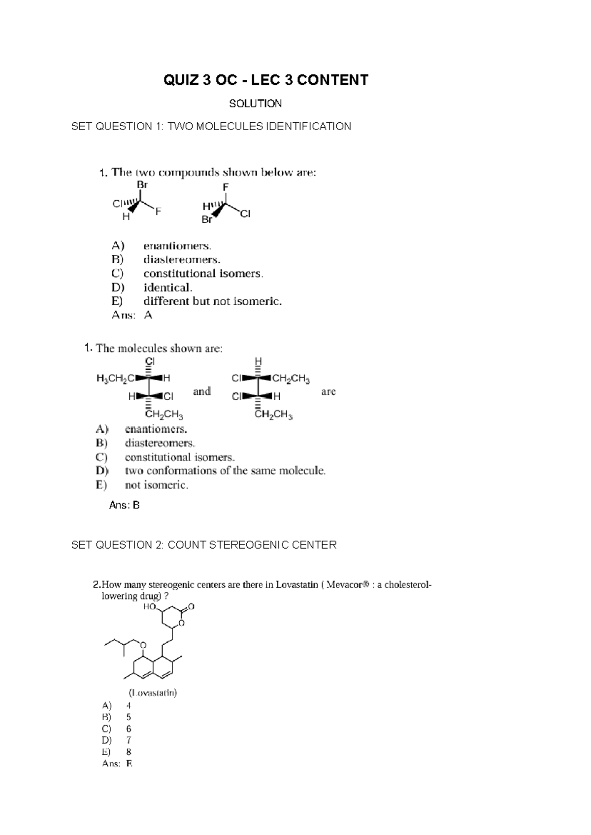 QUIZ 3-OC- Solution - Organic chemistry - QUIZ 3 OC - LEC 3 CONTENT ...