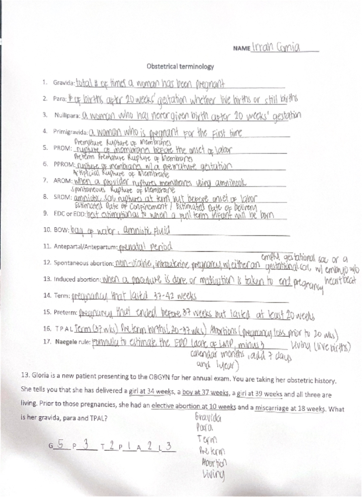 Antepartum Obstetrics Terminology Worksheet - NAME Irrah Comia ...