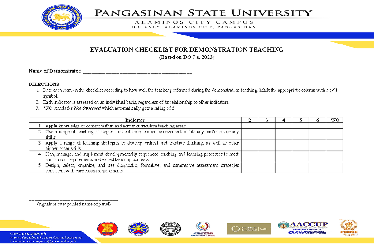 Evaluation Checklist for Demonstration Teaching (DO 7 s. 2023) - Studocu