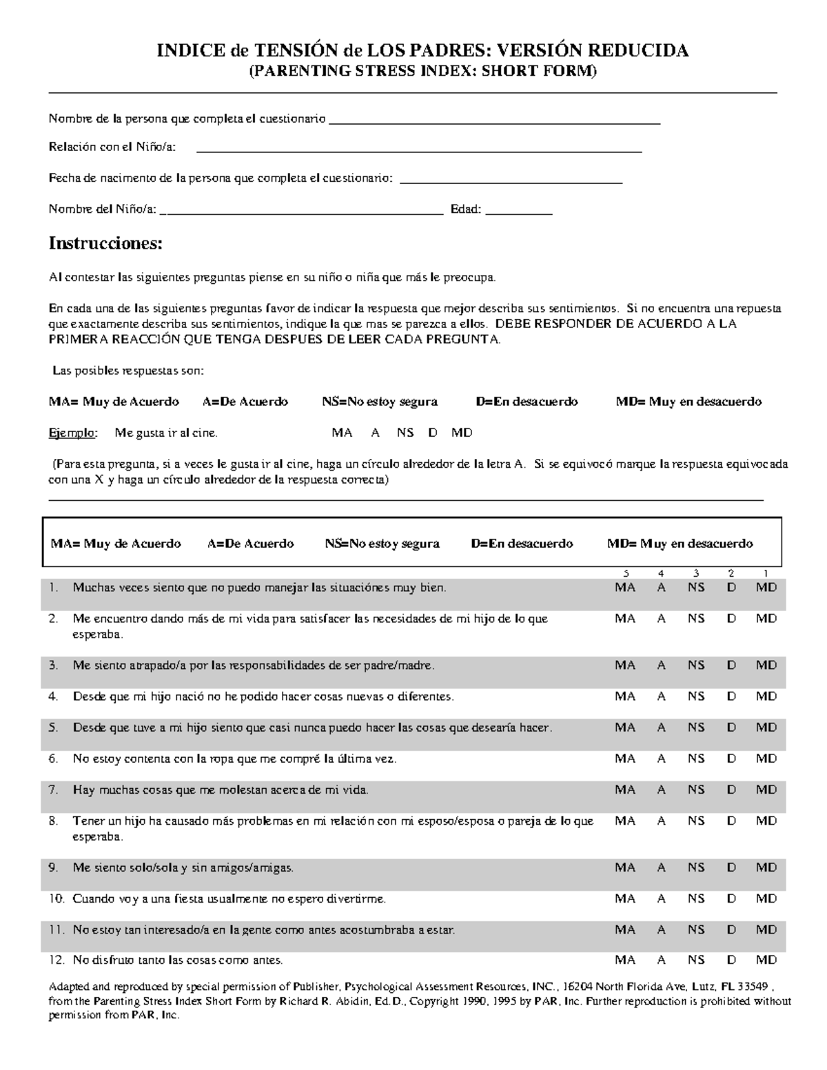 PSI-SF-3 - Parenting Stress Index Short Form Questionnaire - Studocu