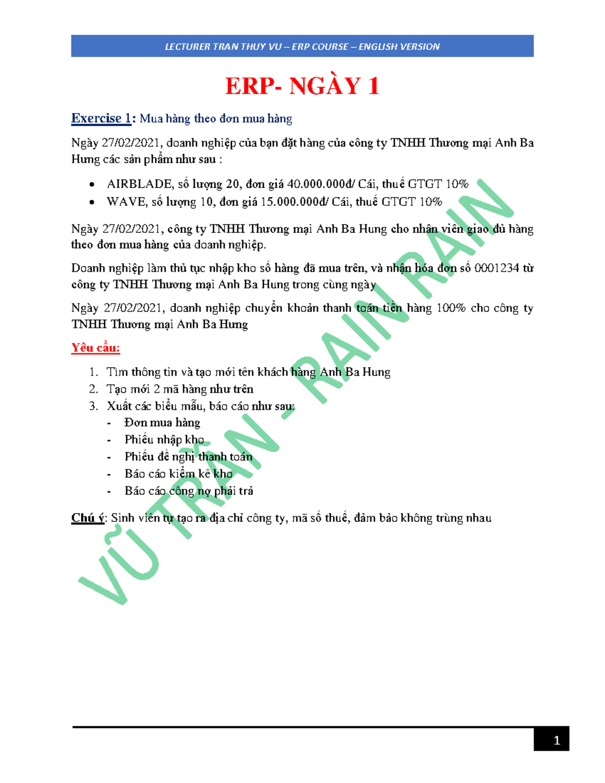 ERP Course Exercise 1 & 2 Guide - Lecturer Tran Thuy Vu - Studocu