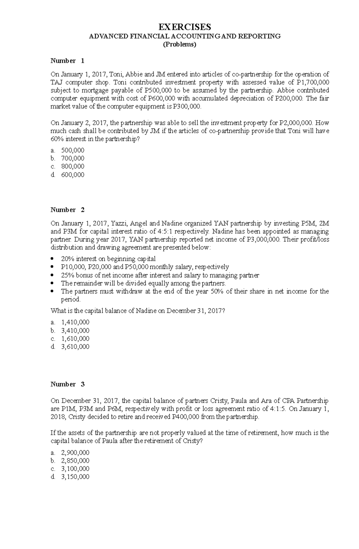 AFAR-Exercises-Problems - EXERCISES ADVANCED FINANCIAL ACCOUNTING AND ...