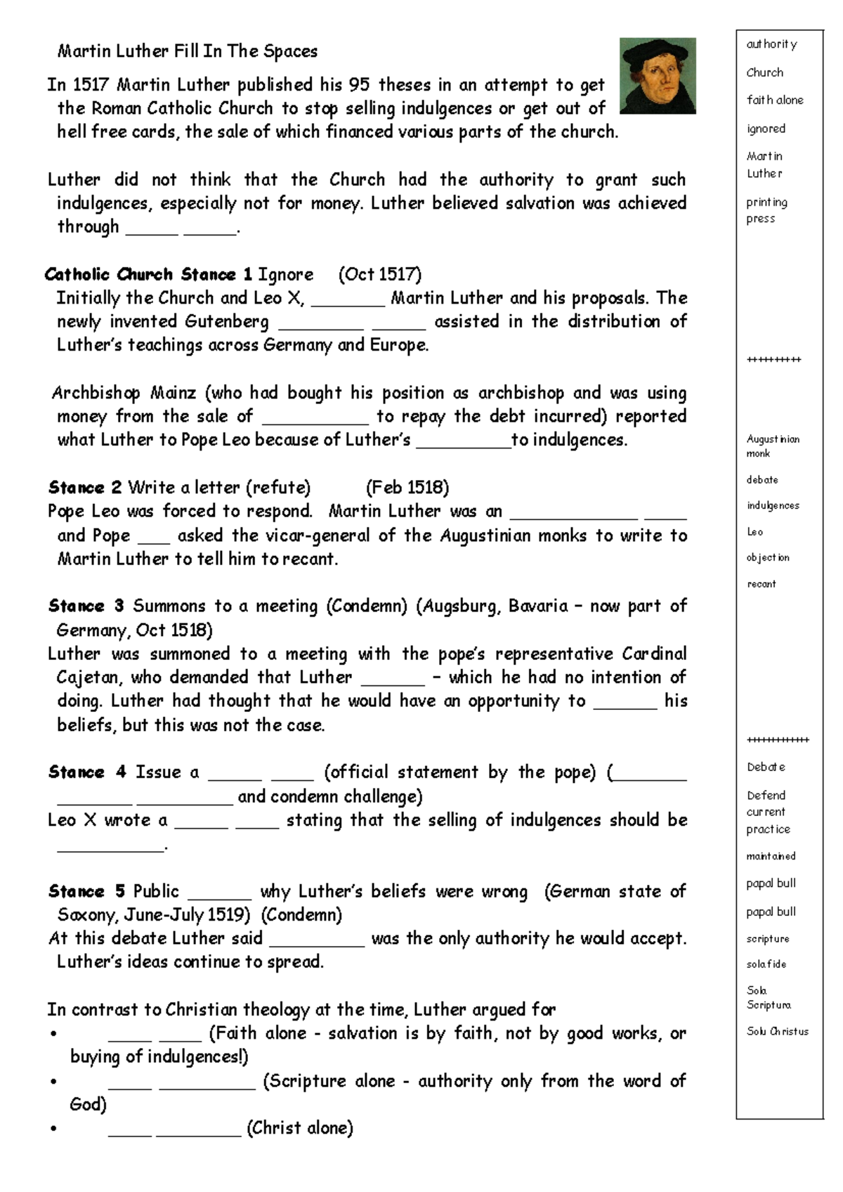 Martin Luther's 95 Theses: Fill In The Spaces Guide - Studocu