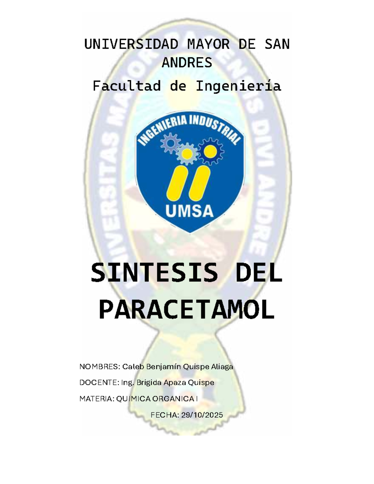 SÍNTESIS DEL PARACETAMOL EN QUÍMICA ORGÁNICA I - UMSA - Studocu