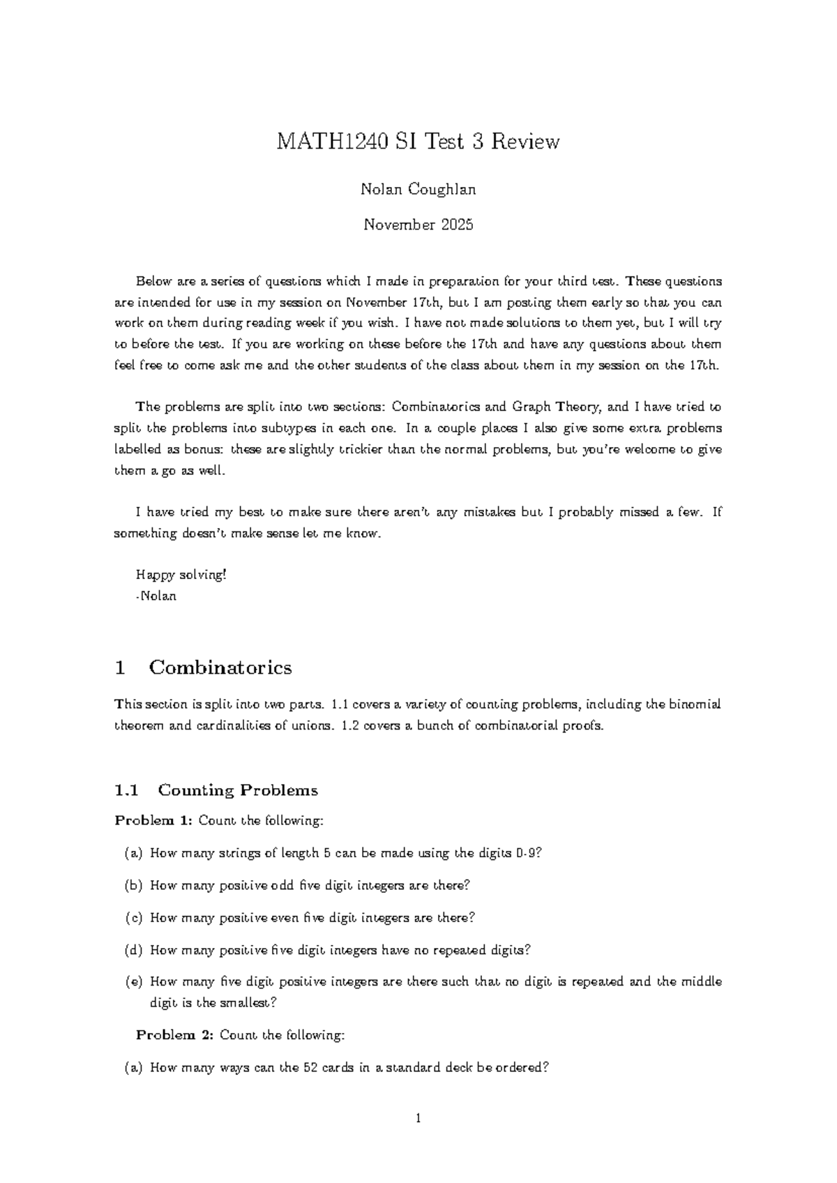 MATH1240 SI Test 3 Review: Combinatorics & Graph Theory - Studocu