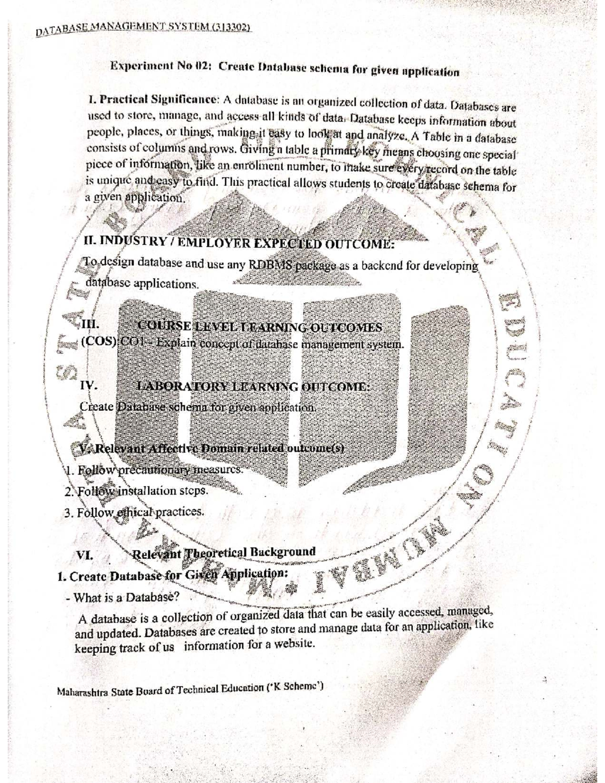 DATABASE MANAGEMENT SYSTEM (313302) Experiment 02: Creating Database ...