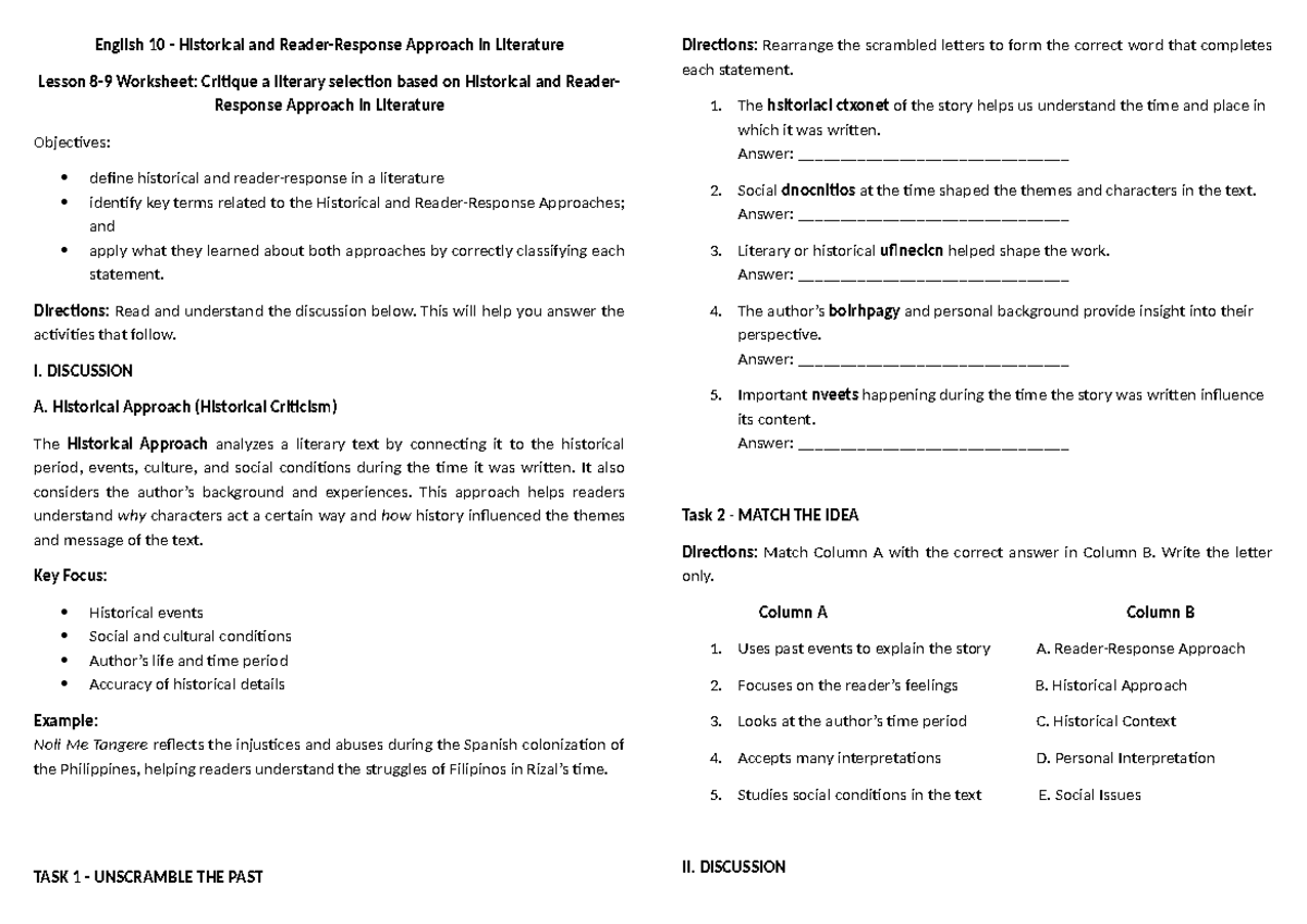 English 10 Lesson Worksheet: Historical & Reader-Response Approaches ...