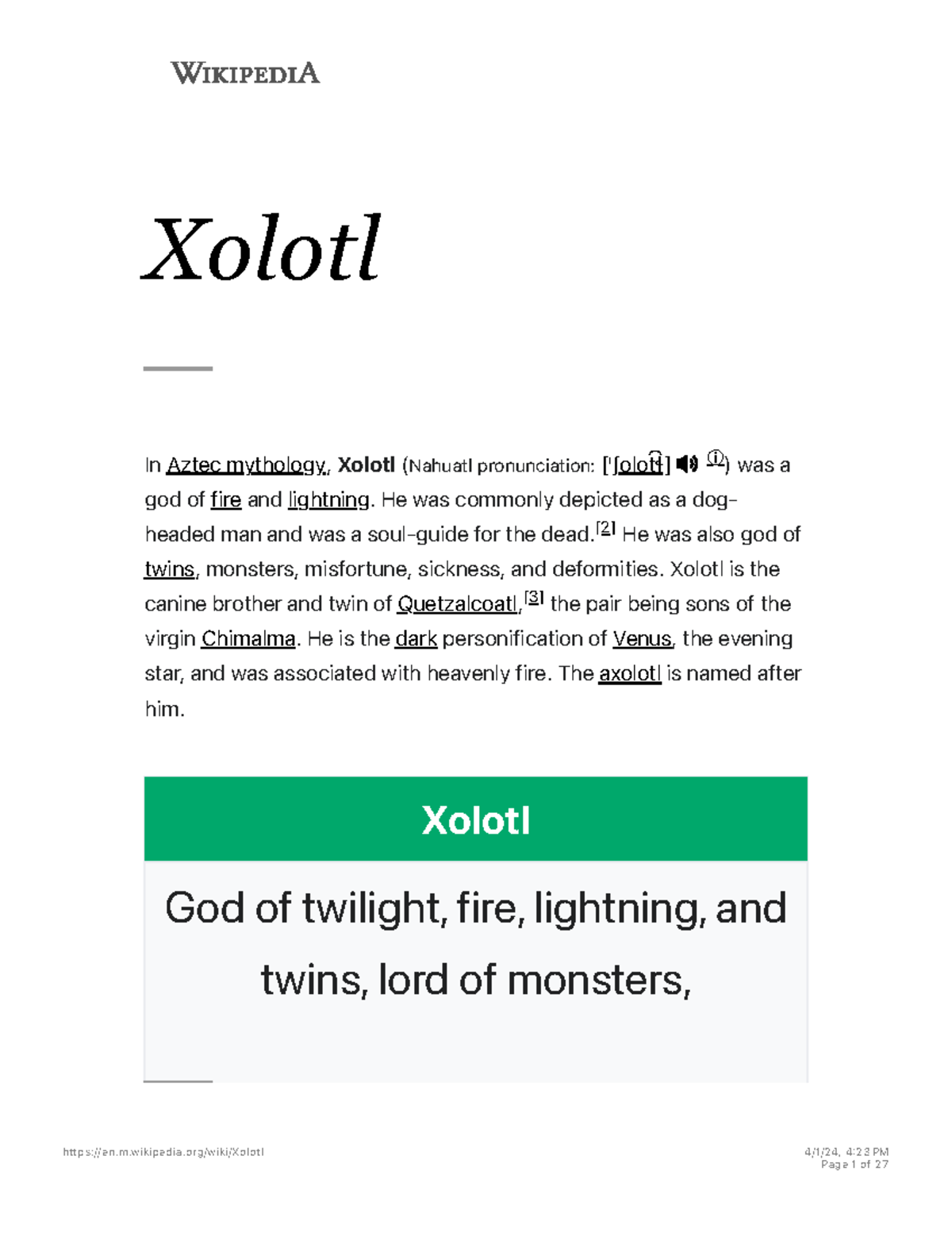 Xolotl in Aztec Mythology: A Study of His Divine Attributes - Studocu