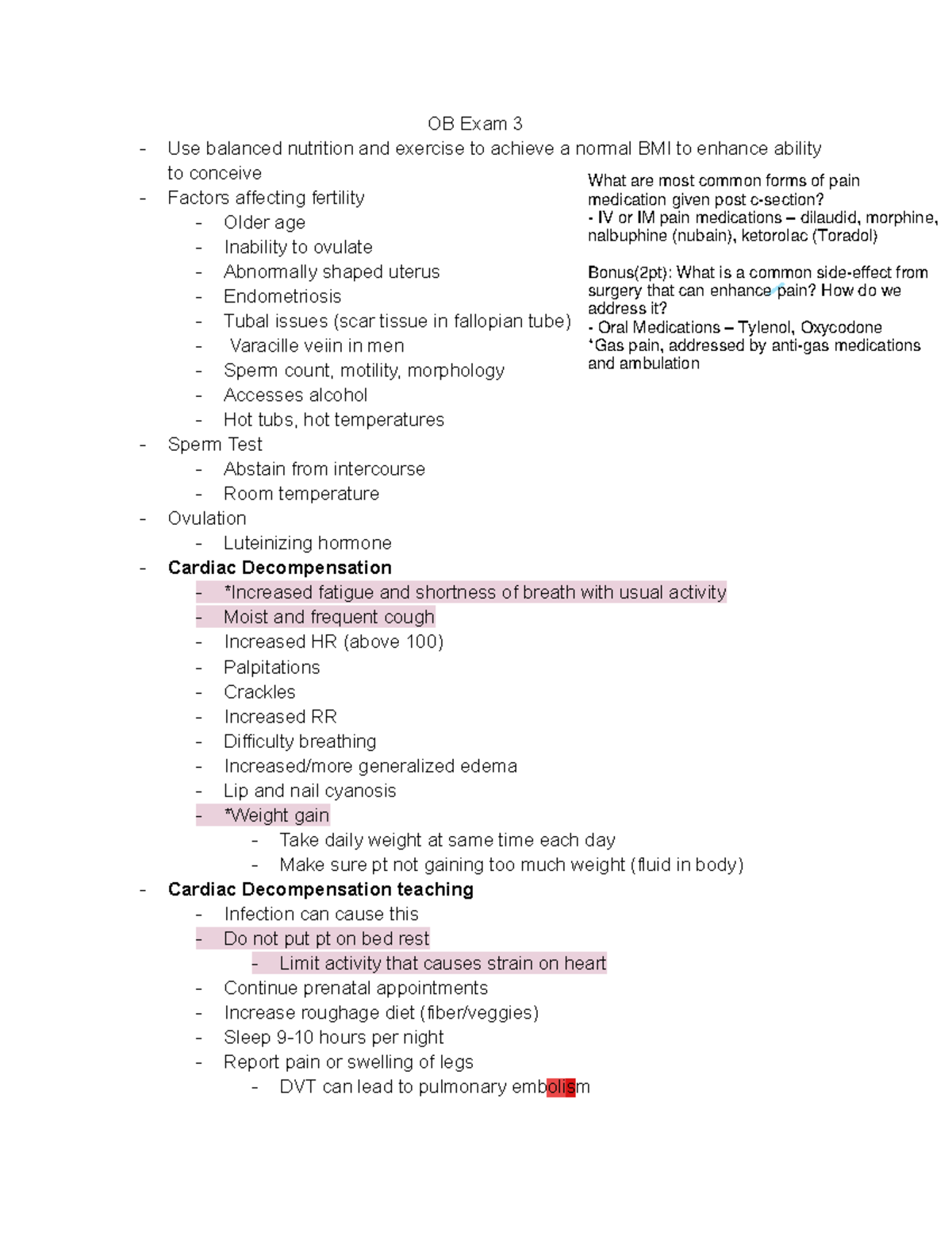 OB 3 Exam Notes: Nutrition, Pain Management, and Fertility Factors ...