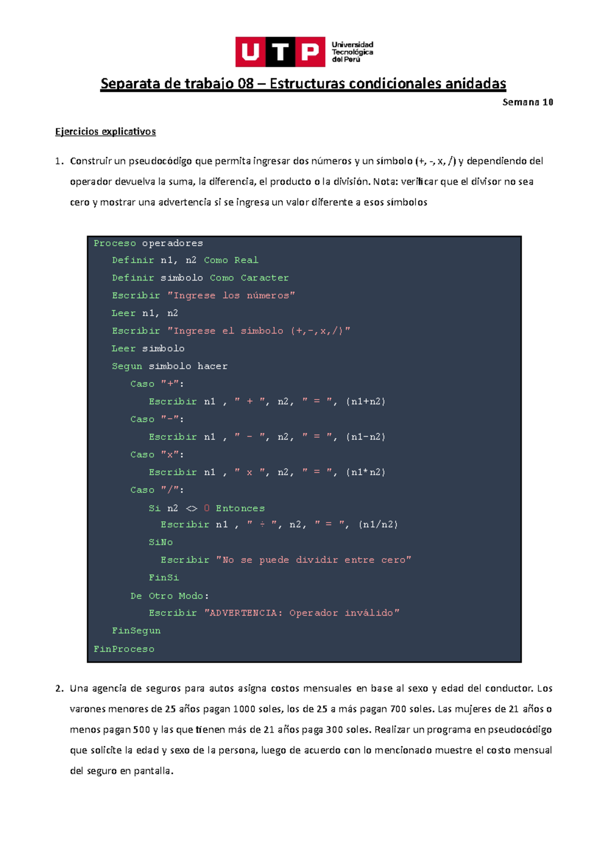 S10.s3 - Ejercicios Propuestos - Tarea - Separata de trabajo 08 – Estructuras condicionales ...