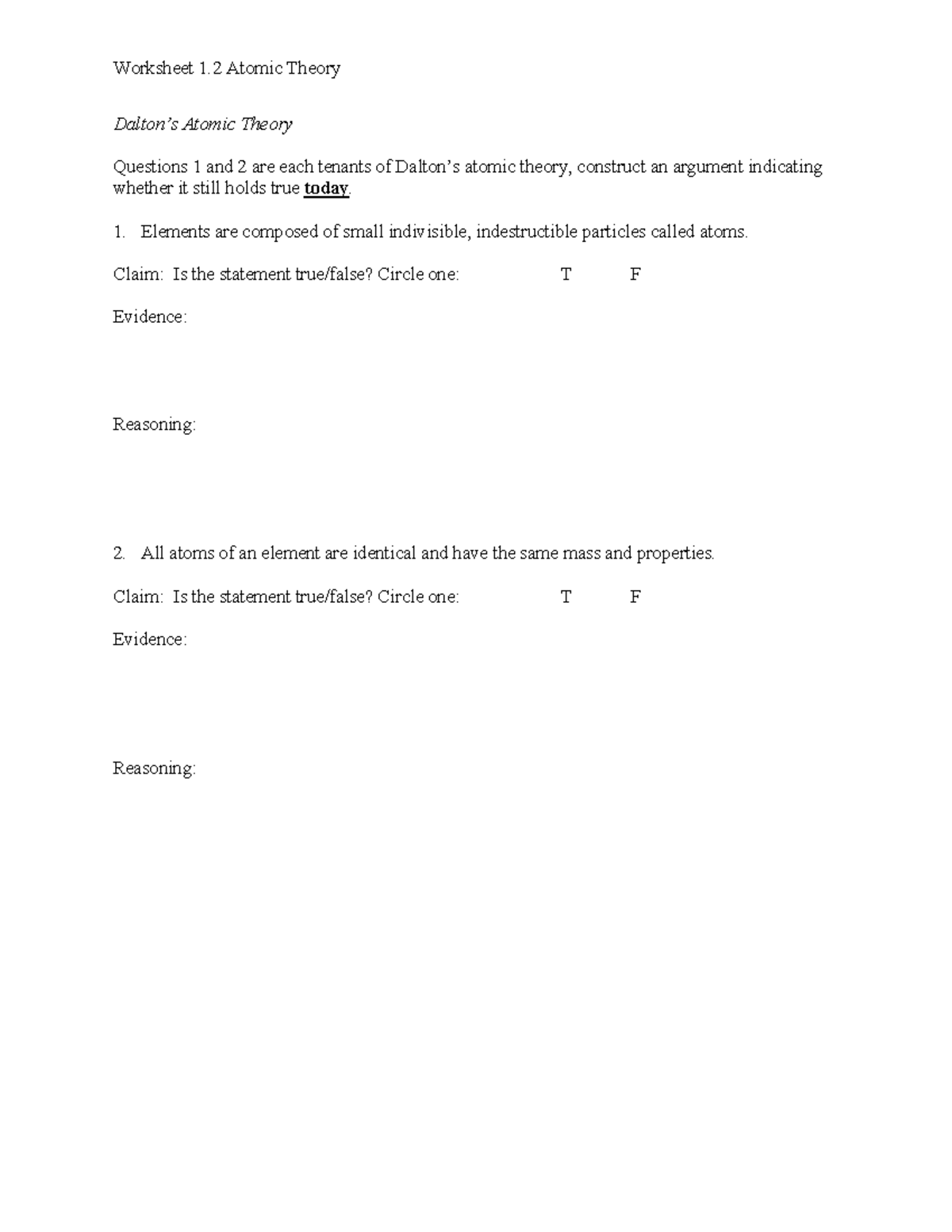 Worksheet 1.2: Exploring Dalton's & Rutherford's Atomic Theories - Studocu