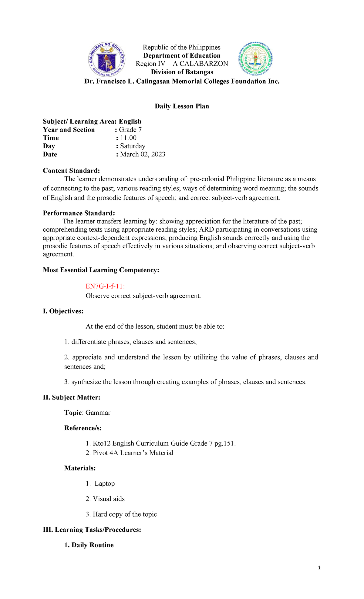 Grade 7 English Daily Lesson Plan: Understanding Phrases & Clauses ...