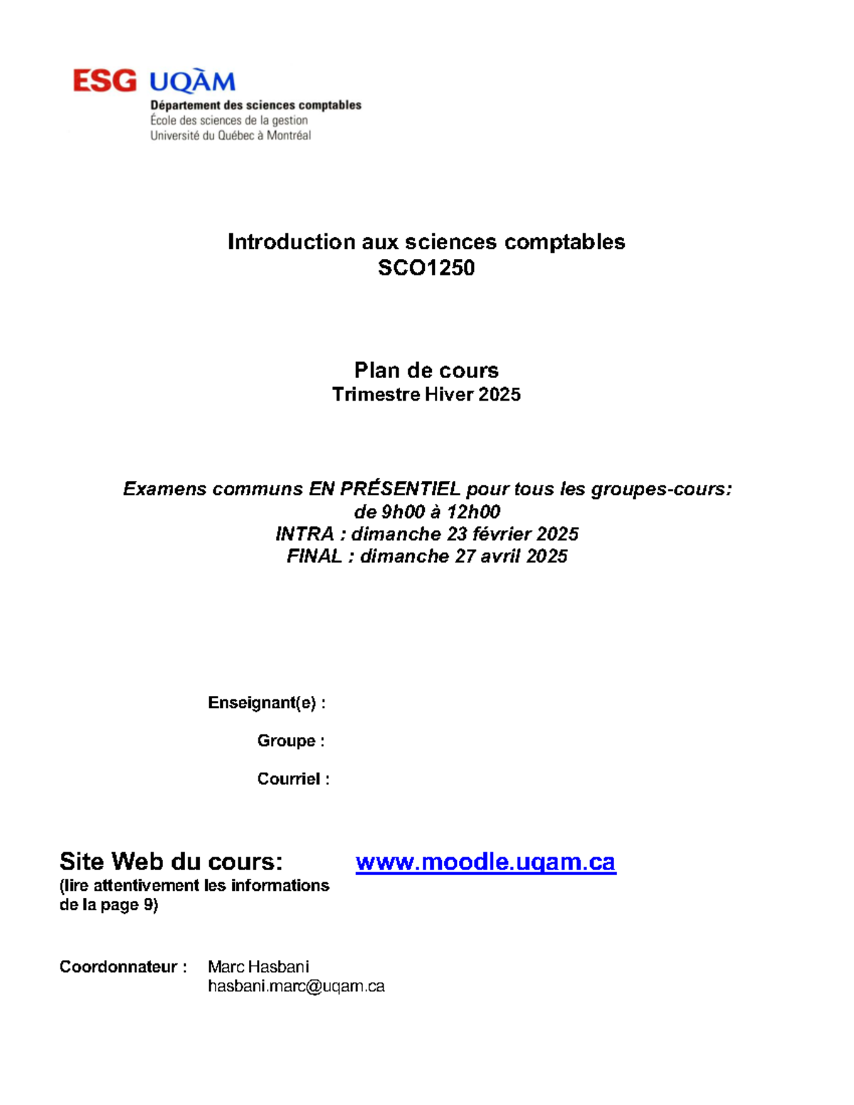 Plan de Cours SCO1250 - Introduction aux Sciences Comptables Hiver 2025 - Studocu