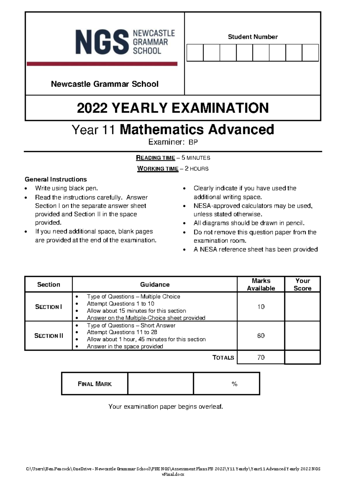 2022 Year 11 Mathematics Advanced Yearly Exam - Newcastle Grammar - Studocu
