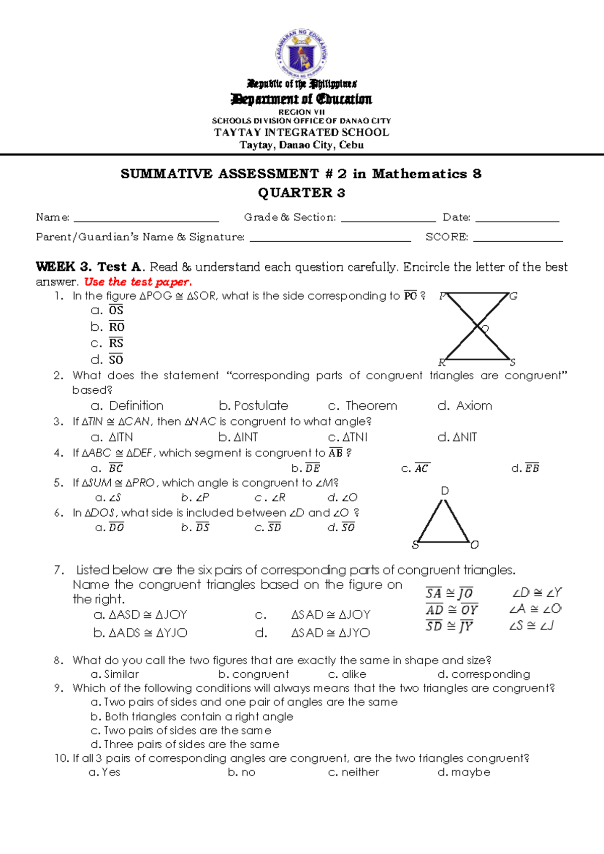 Math 8 Summative Assessment #2 - Quarter 3 Evaluation Test - Studocu