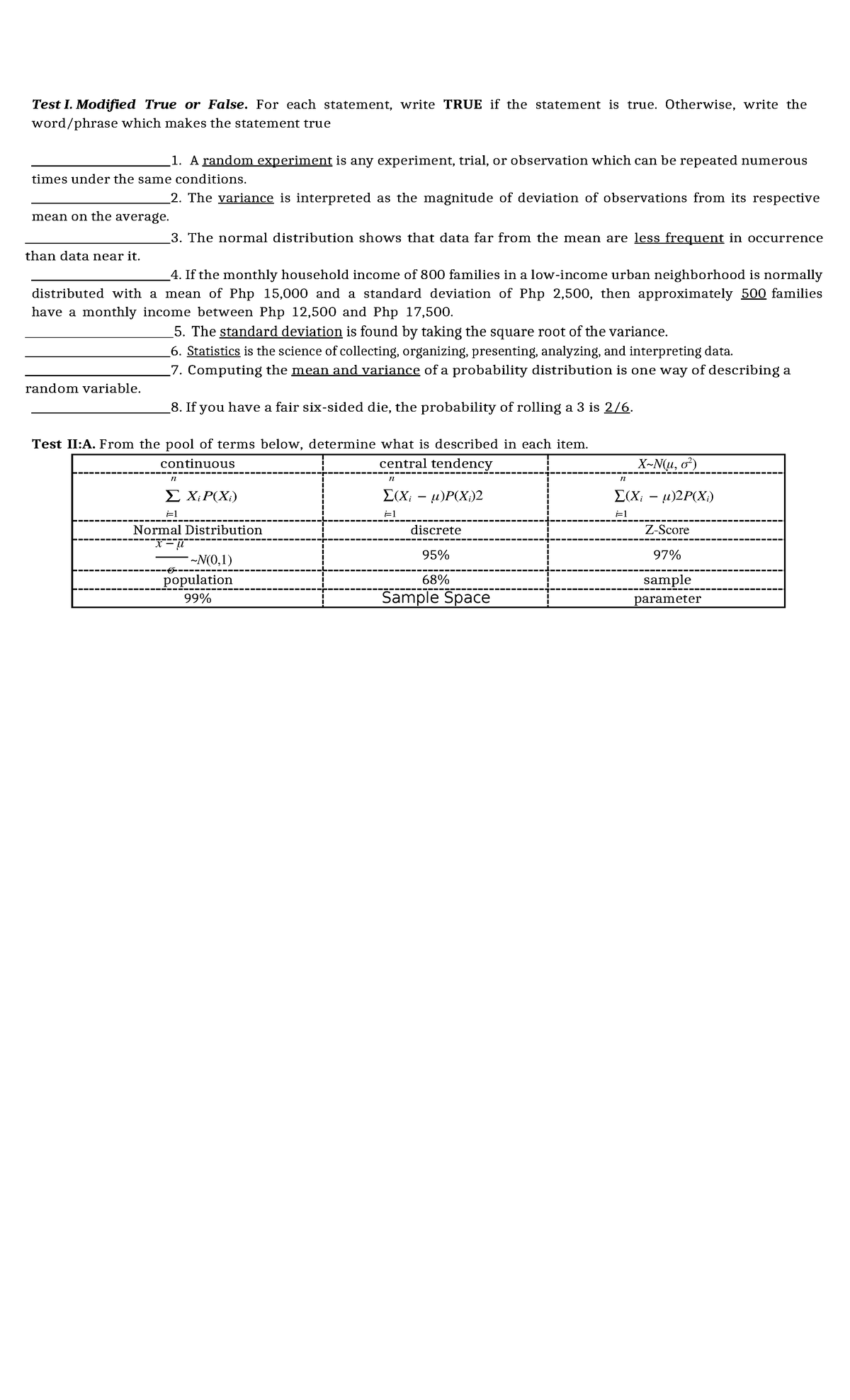 Long Test - Math - Test I. Modified True or False. For each statement ...