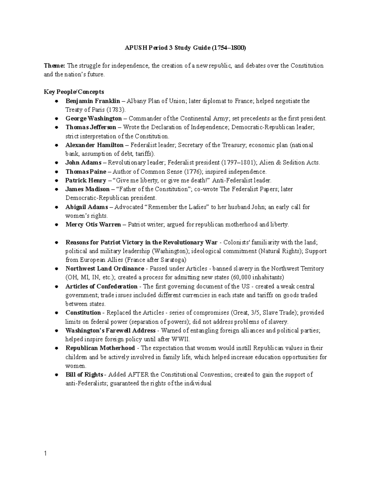 APUSH Period 3 Study Guide (1754–1800): Independence to Constitution ...