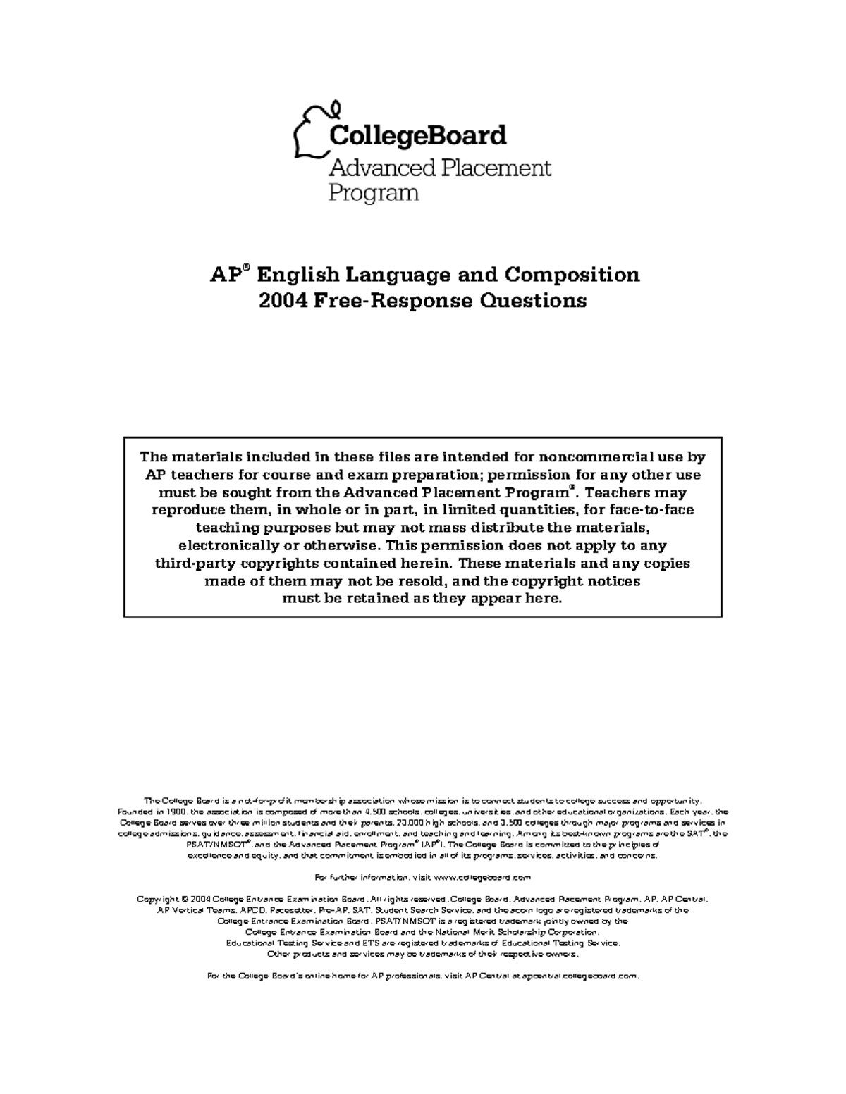 AP English Language and Composition 2004 Free Response Questions - Studocu