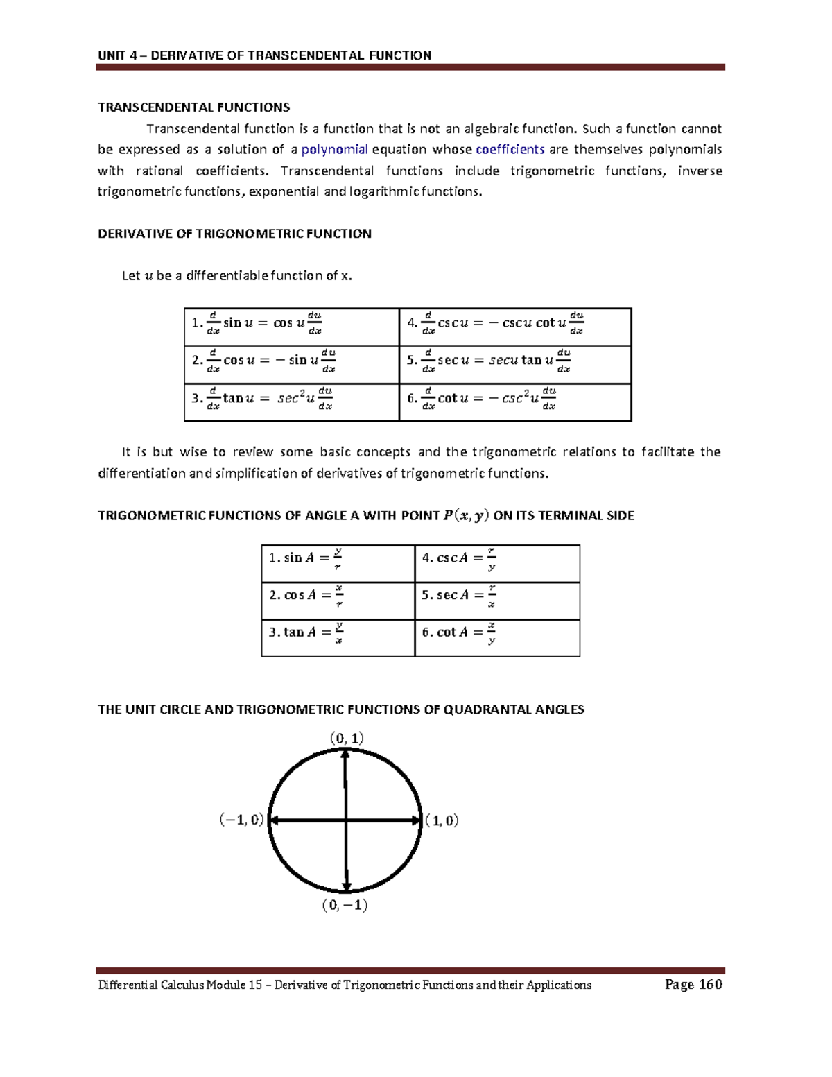 Transcendental Functions and Trigonometric Derivatives (MATH 101) - Studocu