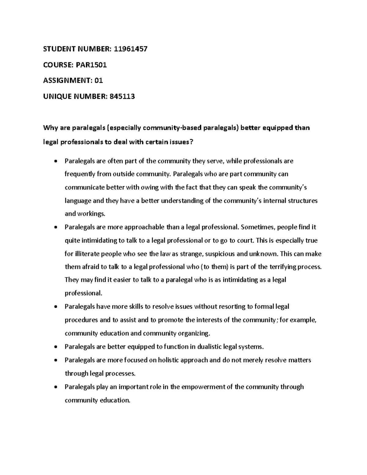 PAR1501 Assignment 01 - The Role of Paralegals in Communities - Studocu
