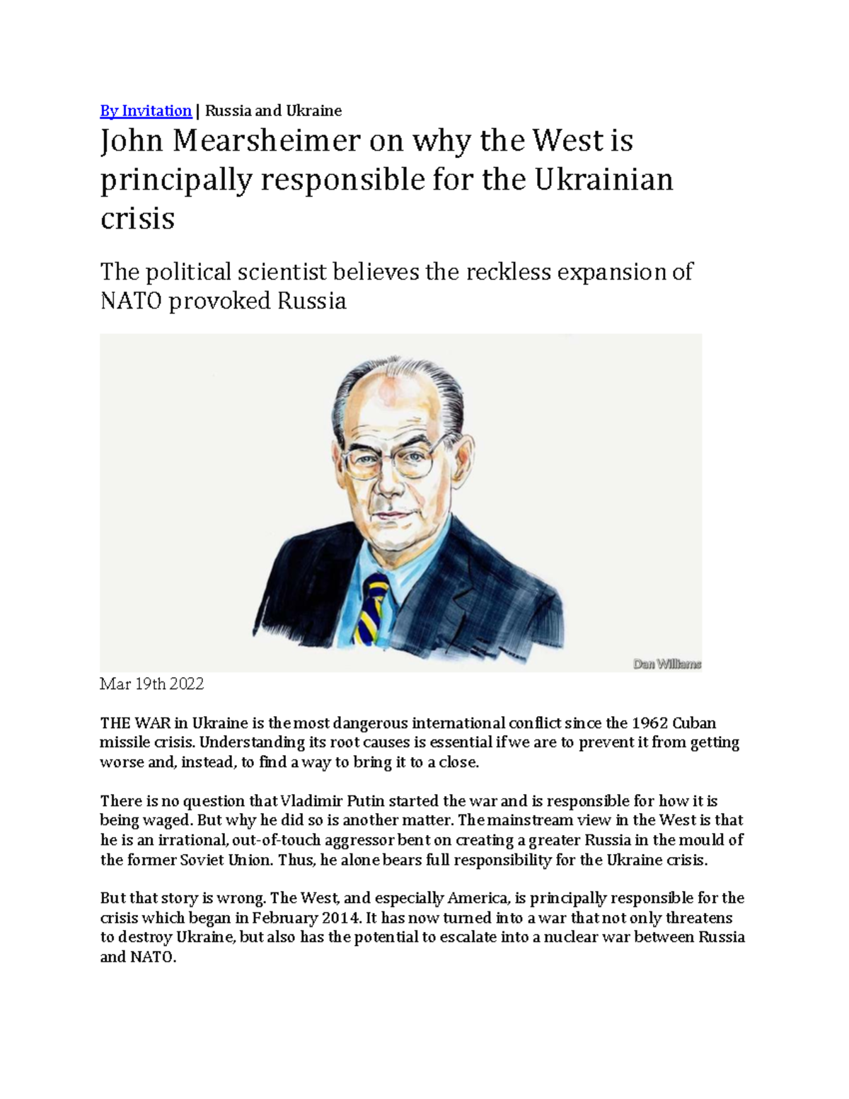 Mearsheimer 2022 - The West's Role in the Ukraine Crisis - Studocu