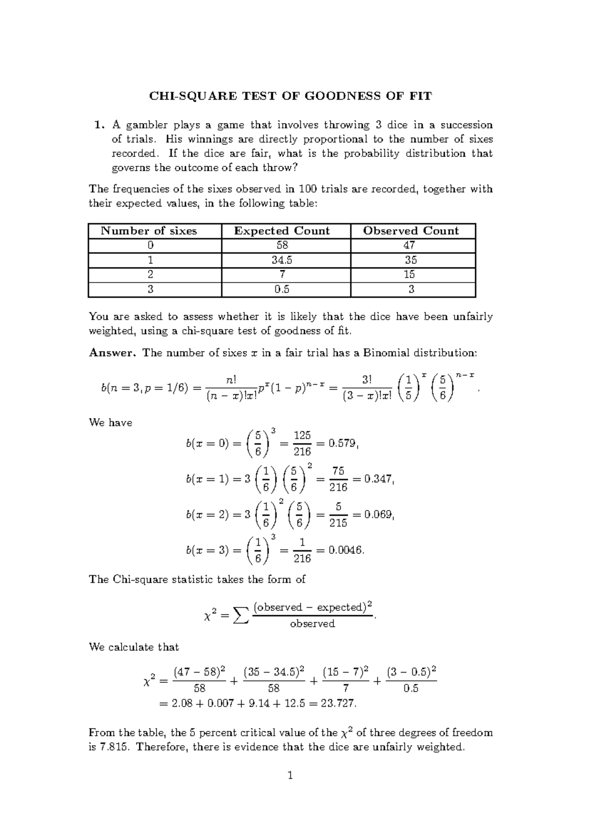 TEST OF GOODNESS OF FIT: DICE GAME ANALYSIS (STAT 101) - Studocu