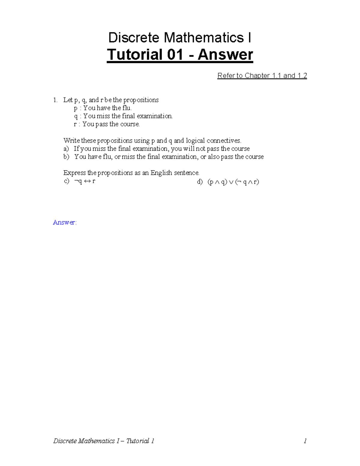 Discrete Mathematics I Tutorial 01 - Questions and Answers - Studocu