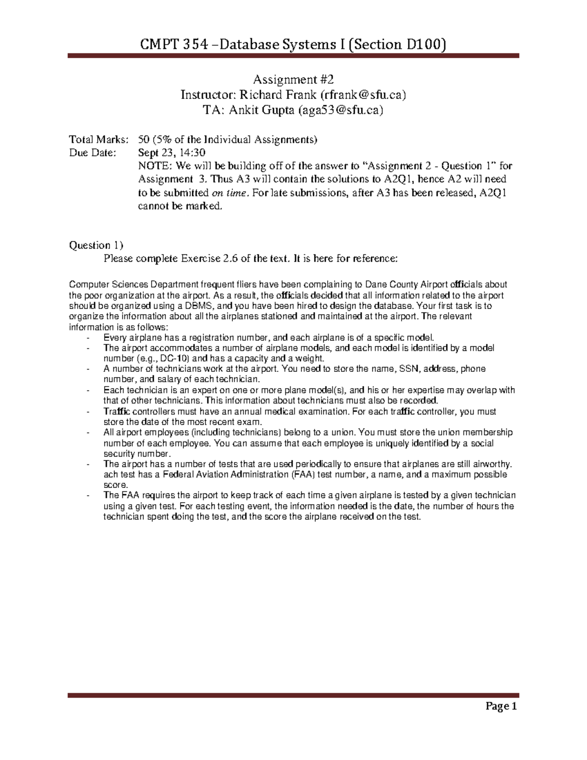 CMPT 354 - Database Systems I: Assignment 02 Solutions on ER Diagram ...