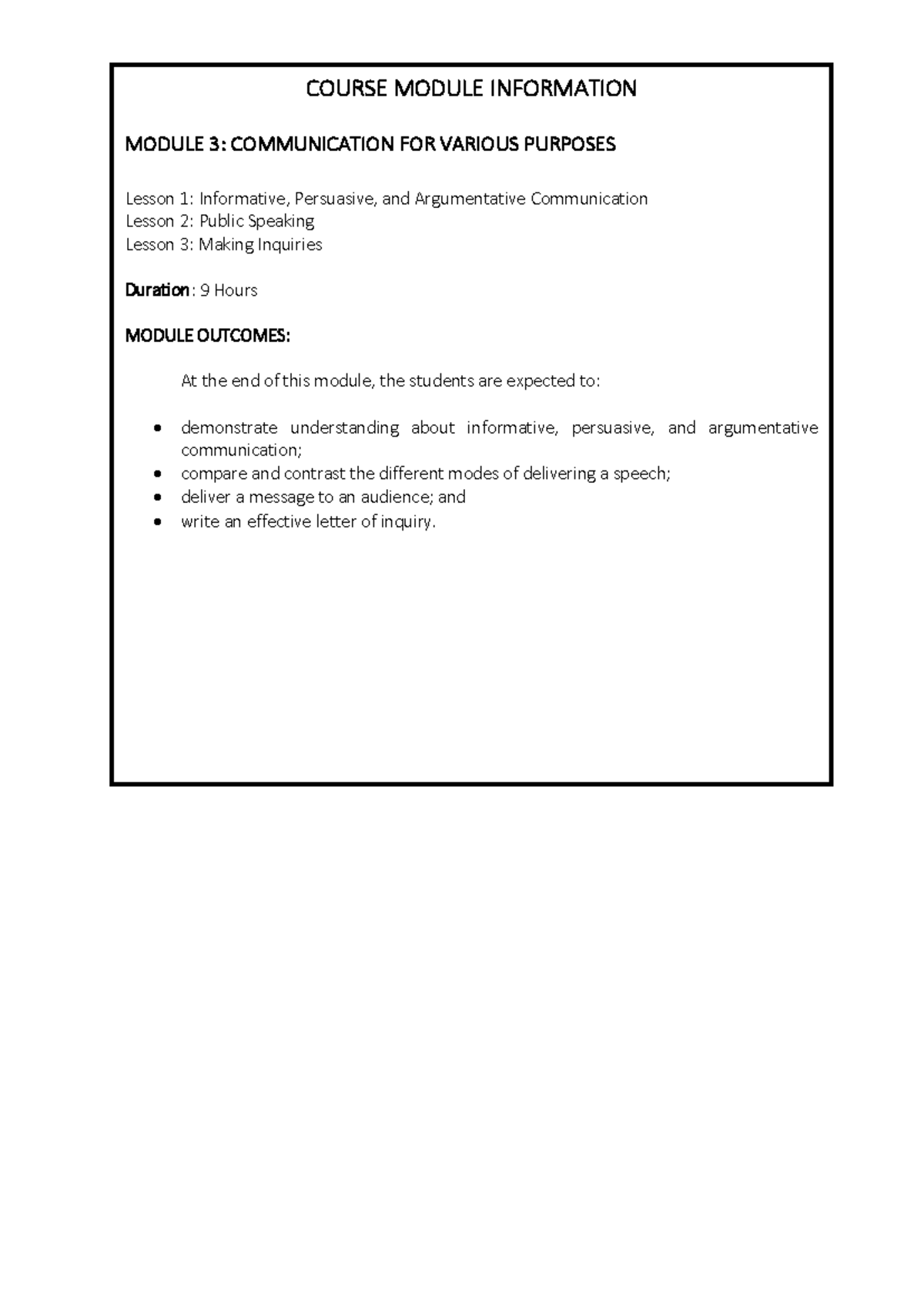 Module 3: Communication for Various Purposes - Lesson 1 Overview - Studocu