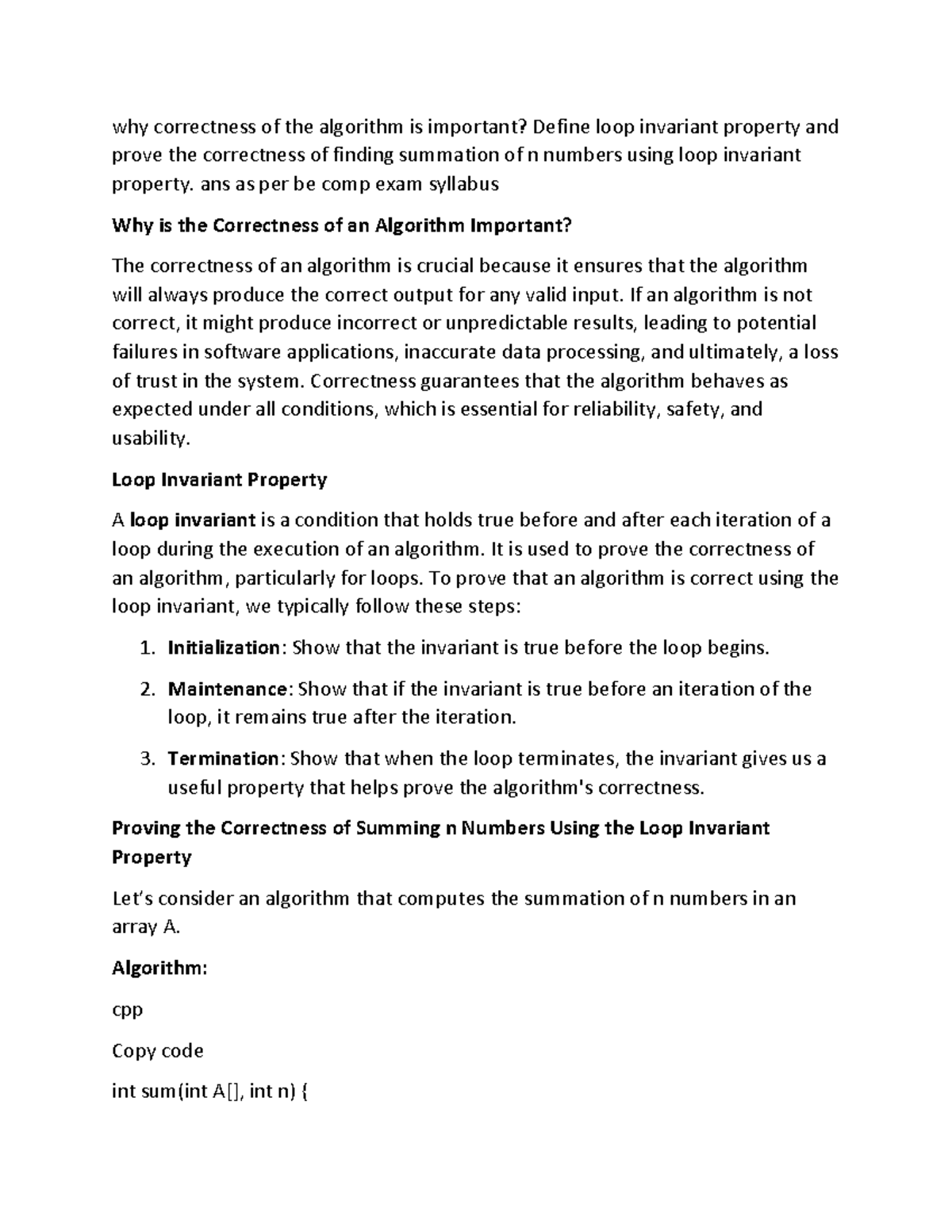 "CS101 - DAA Final Exam Notes: Loop Invariants & Algorithm Correctness ...