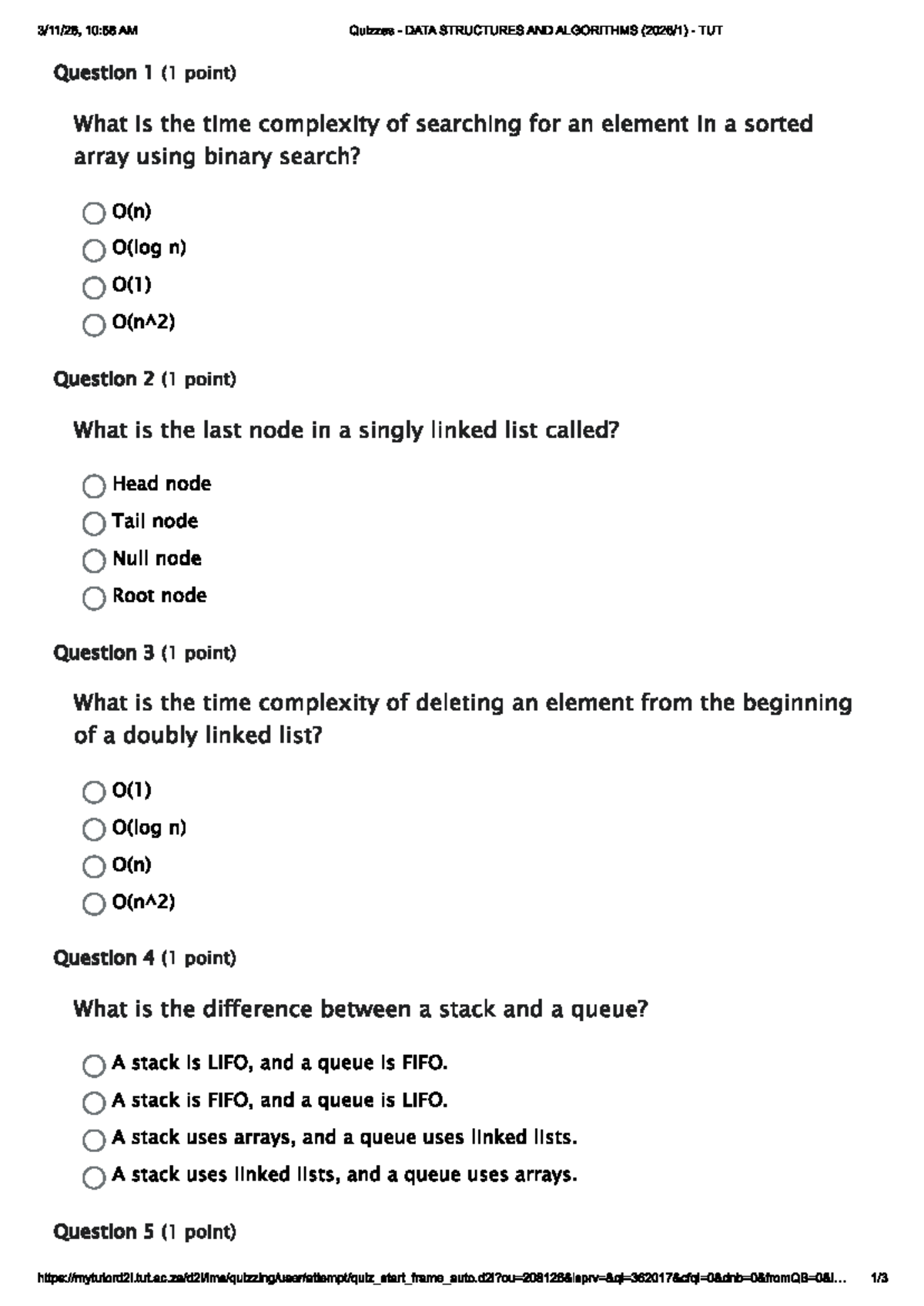 Quiz 1: DATA STRUCTURES AND ALGORITHMS TUT Questions and Answers - Studocu
