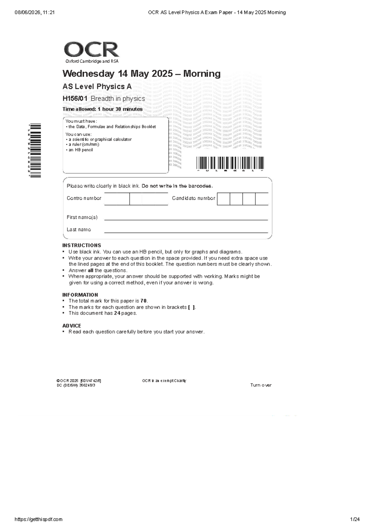 AS Level Physics A Exam Paper 11:21 - 14 May 2025 Morning - Studocu