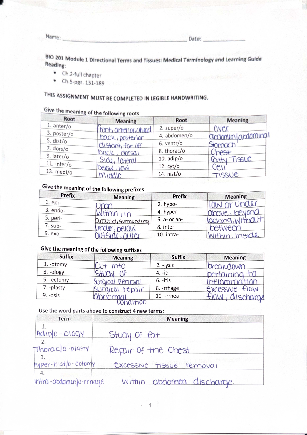BIO 201 Module 1: Directional Terms & Tissues Learning Guide - Studocu