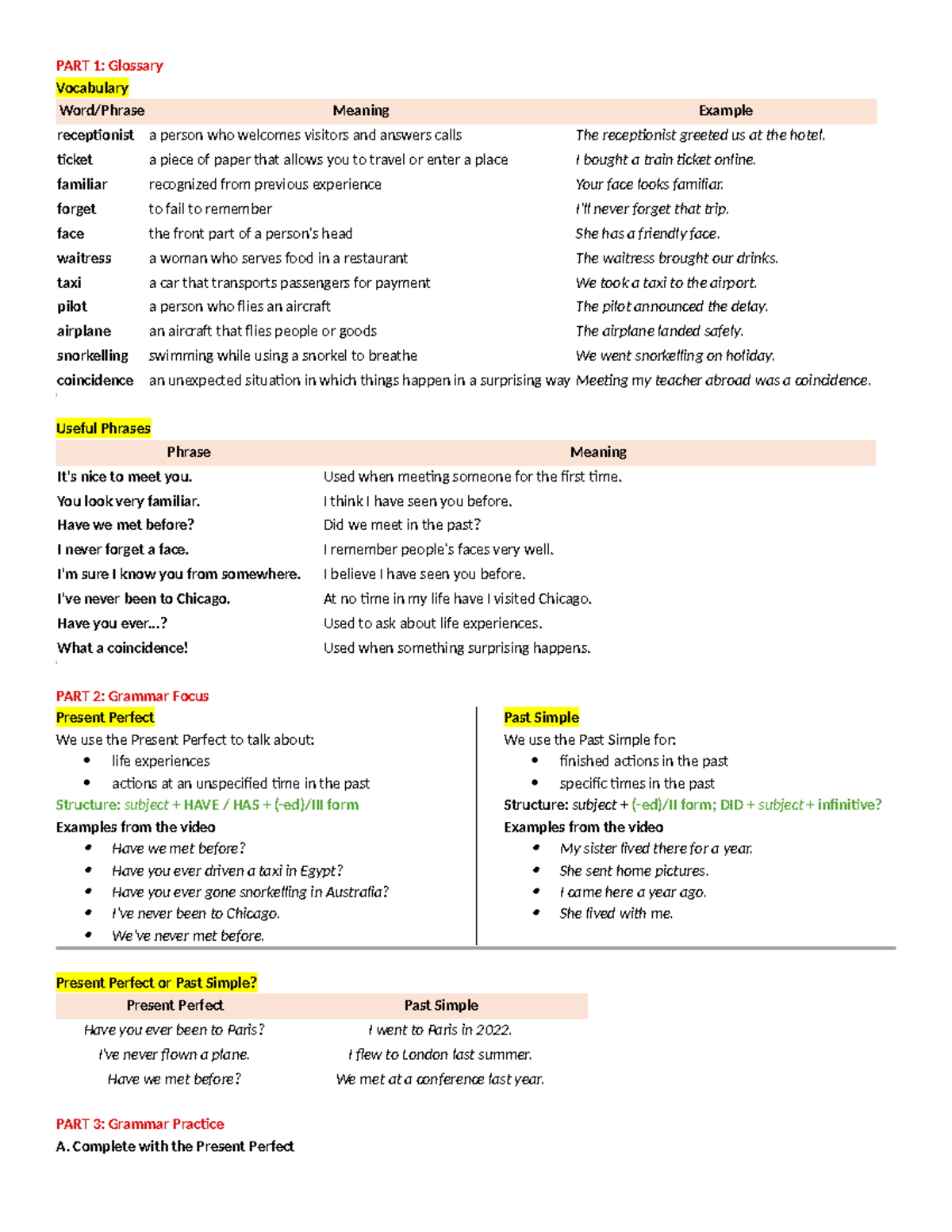 Present Perfect Grammar & Vocabulary Worksheet 040626 - Studocu