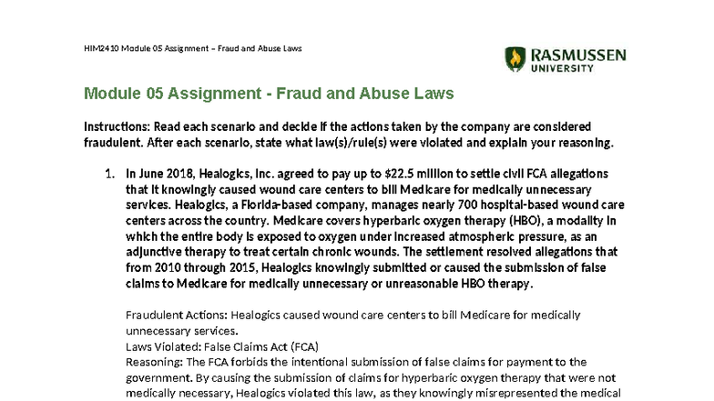 HIM2410 Module 05 Assignment: Analyzing Fraud and Abuse Laws - Studocu