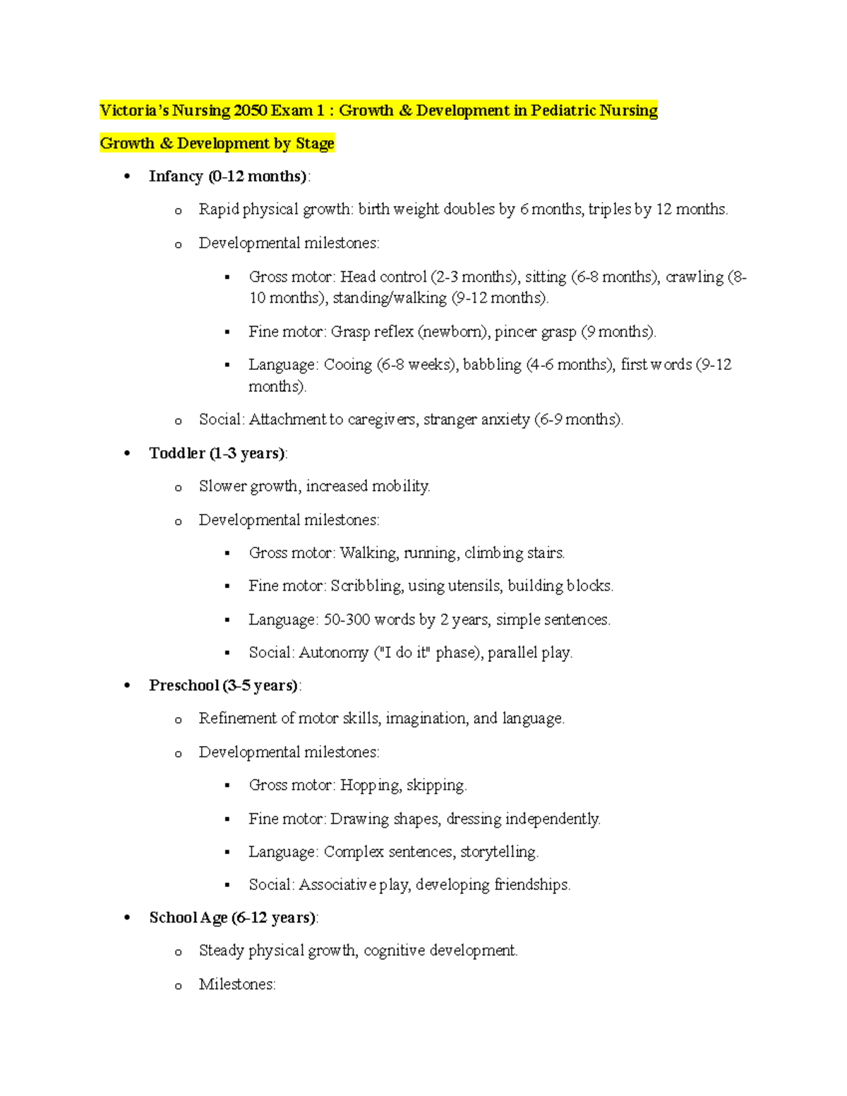 Nursing 2050 Exam 1: Growth and Development in Pediatric Nursing - Studocu