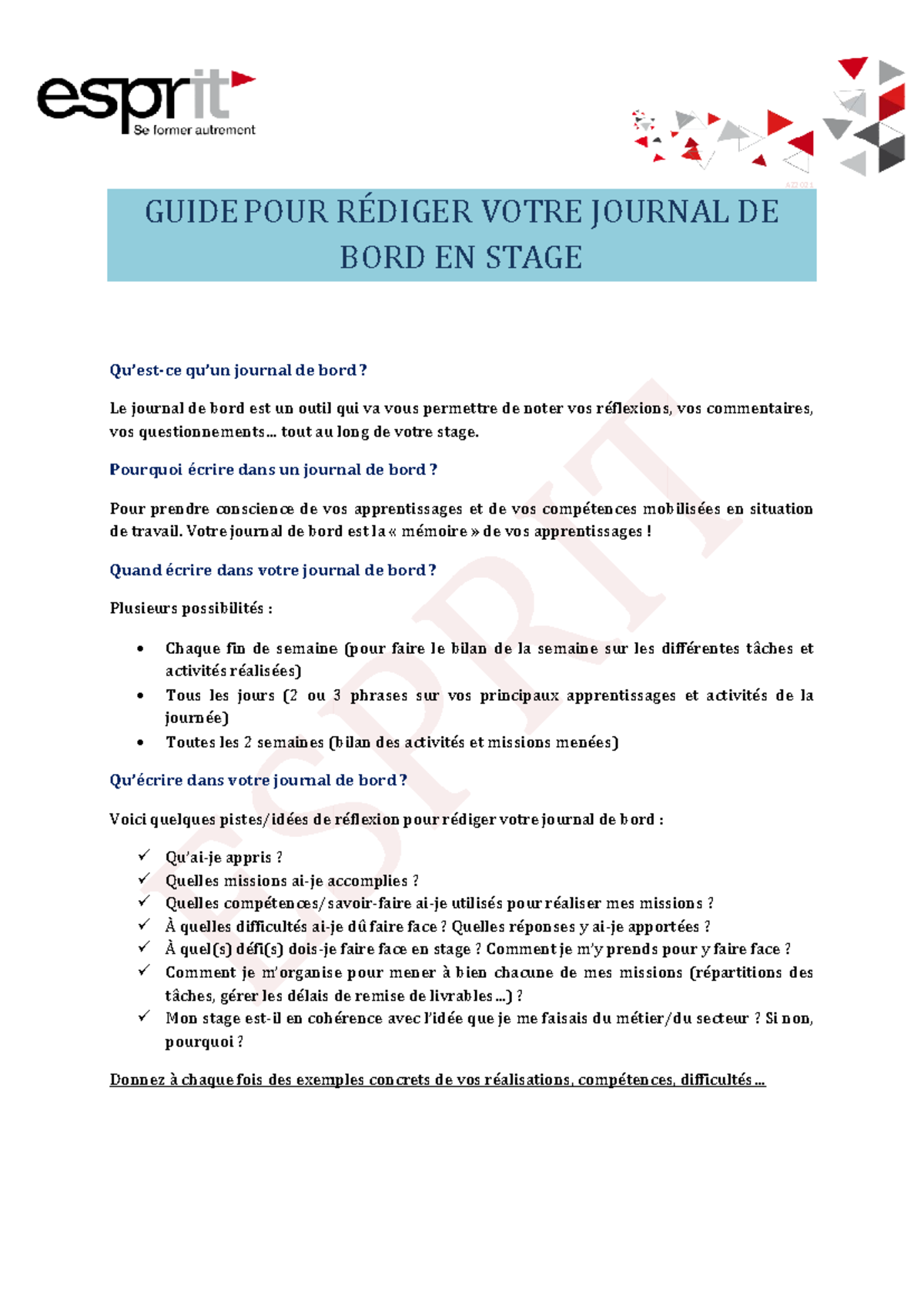 Guide de Rédaction du Journal de Bord en Stage AZ2021 - Studocu