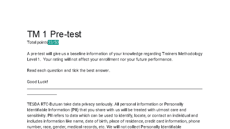 TM 1 Pre-test: Knowledge Assessment for Trainers Methodology Level 1 ...