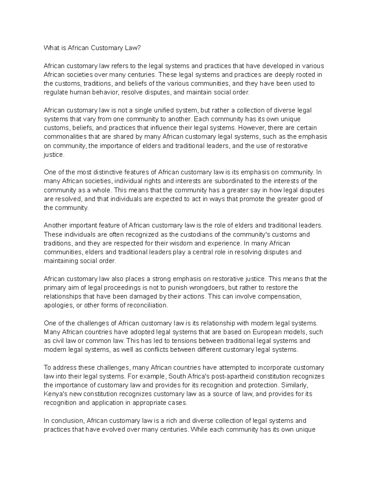 African Customary Law: Community, Elders, and Restorative Justice - Studocu